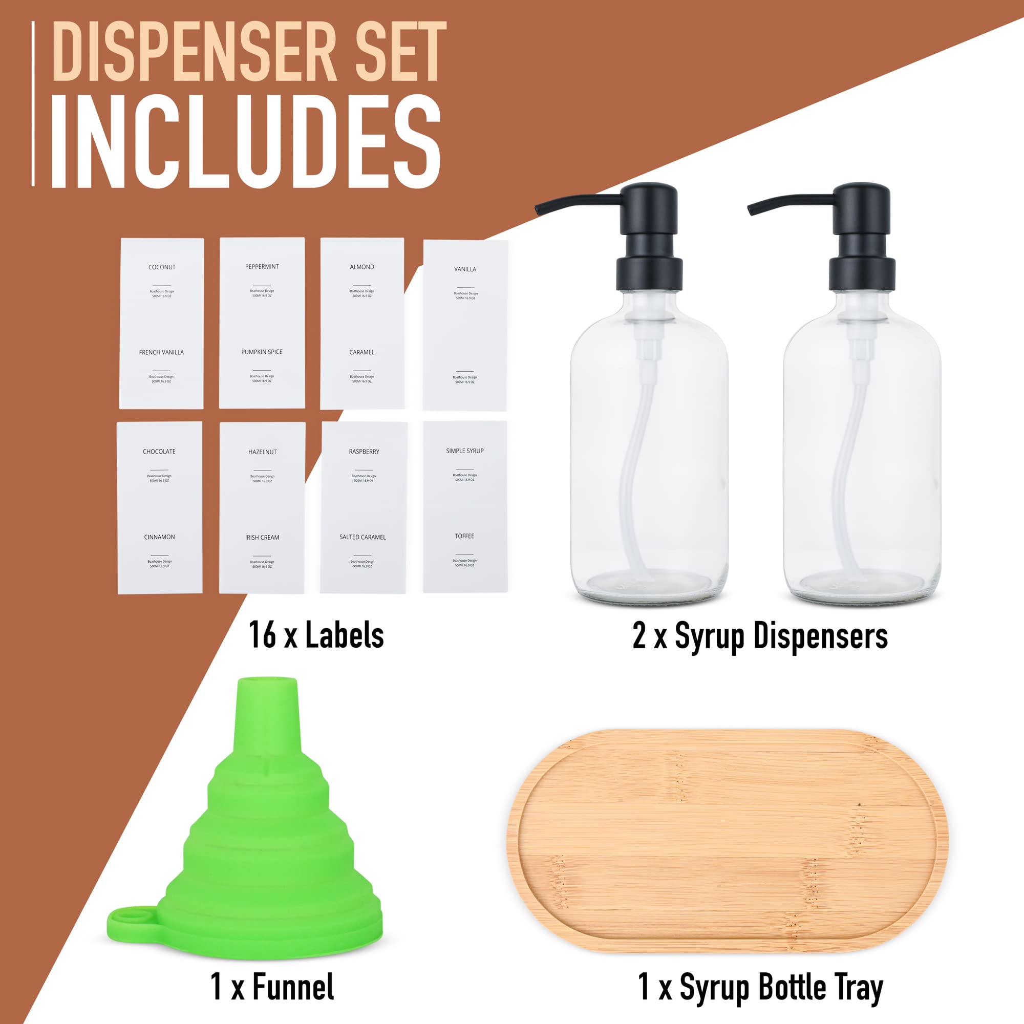 Coffee Syrup Dispenser for Coffee Station | Glass Syrup Dispenser for Coffee Bar | Includes 2 Glass Syrup Bottle, Pumps and Labels, 16.9 oz 500 ml.