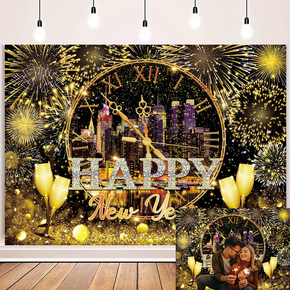 BAIFNEZ 2024 New Year Countdown Backdrop Sparkling Gold Fireworks Champagne Glasses City Night Photography Background New Year's Eve Family Gathering Business Party Decoration Supplies (7x5FT, Gold)