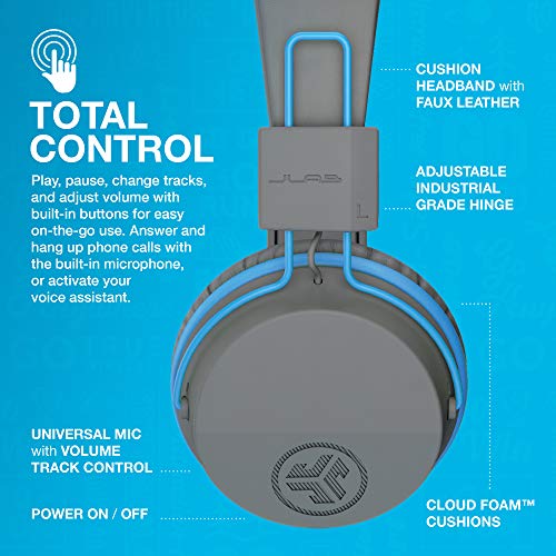 JLab JBuddies Studio Bluetooth On-Ear Kids Headphones | 13 Hour Battery Life | Studio Volume Safe | Volume Limiter | Folding | Adjustable | Noise Isolation | with Mic | Gray/Blue