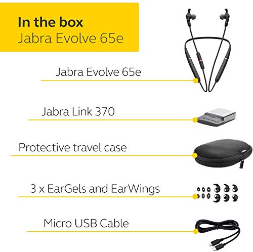 Jabra Evolve 65e Wireless Neckband Headset, Link 370, MS-Optimized β Bluetooth Headset with up to 13 Hours of Battery Life β Superior Sound for Calls and Music β Passive Noise Cancelling Headset