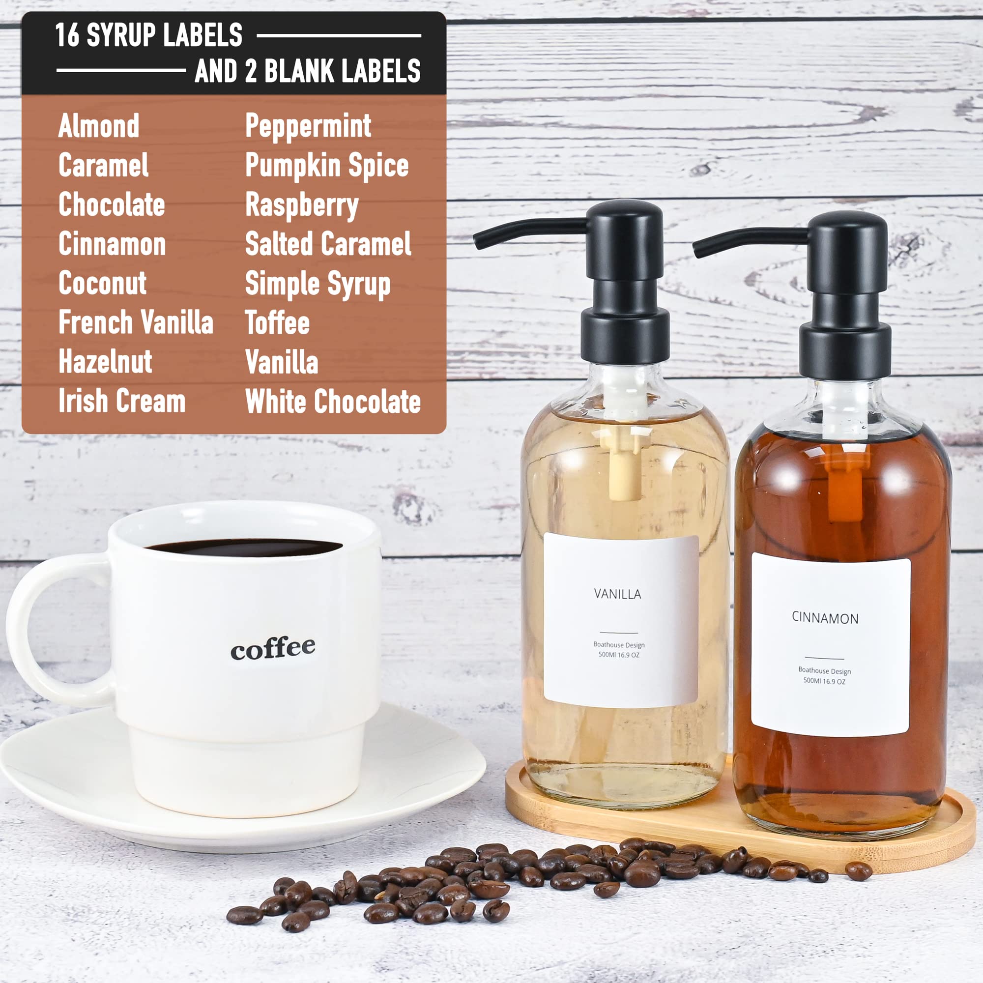 Coffee Syrup Dispenser for Coffee Station | Glass Syrup Dispenser for Coffee Bar | Includes 2 Glass Syrup Bottle, Pumps and Labels, 16.9 oz 500 ml.