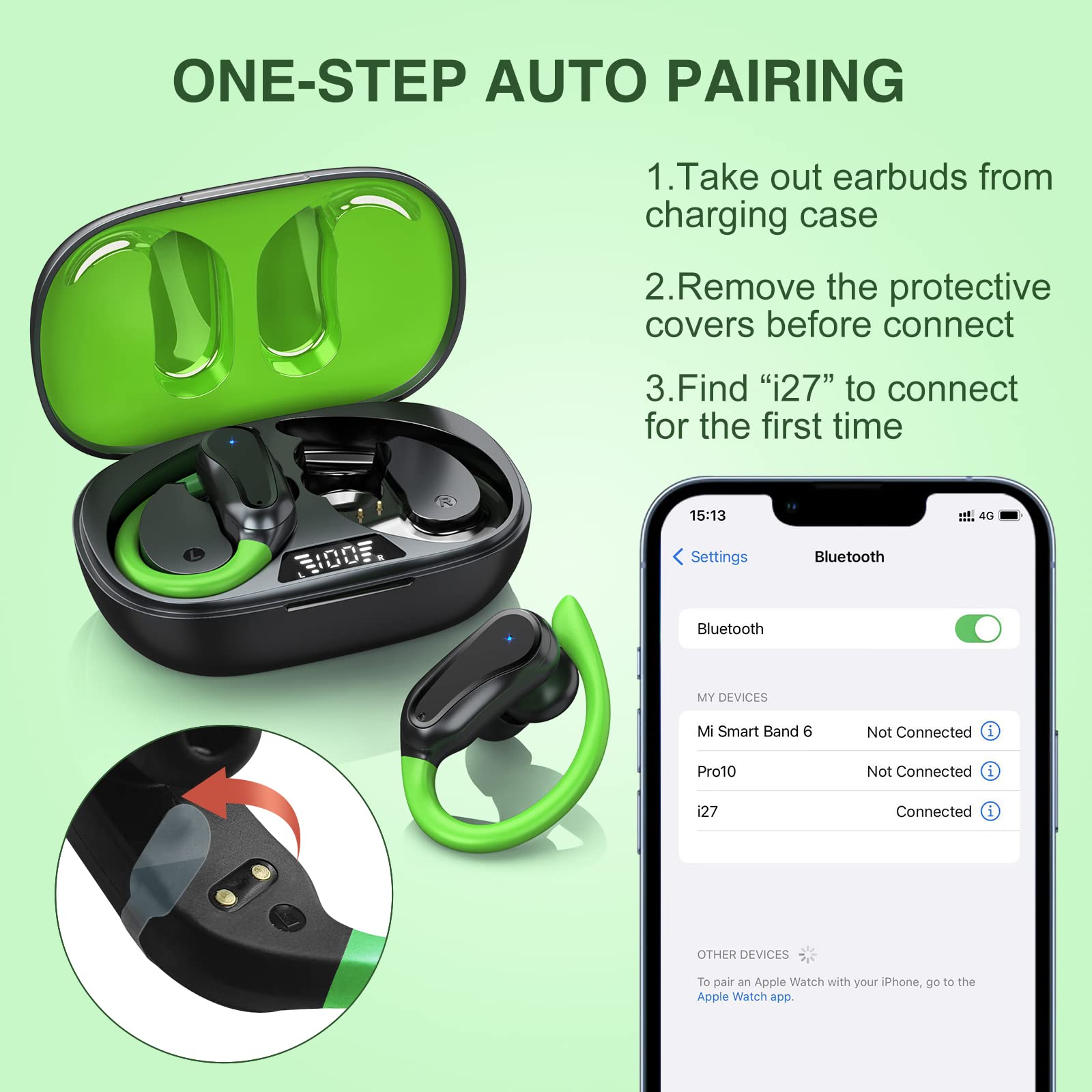 Wireless Bluetooth Earbuds Headphones 9Hrs Single Playtime IPX7 Waterproof in-Ear Earphones with Earhooks,Sweat Resistant Ear buds with microphone Hi-Fi Stereo for Sports/Workout/Gym (Green)