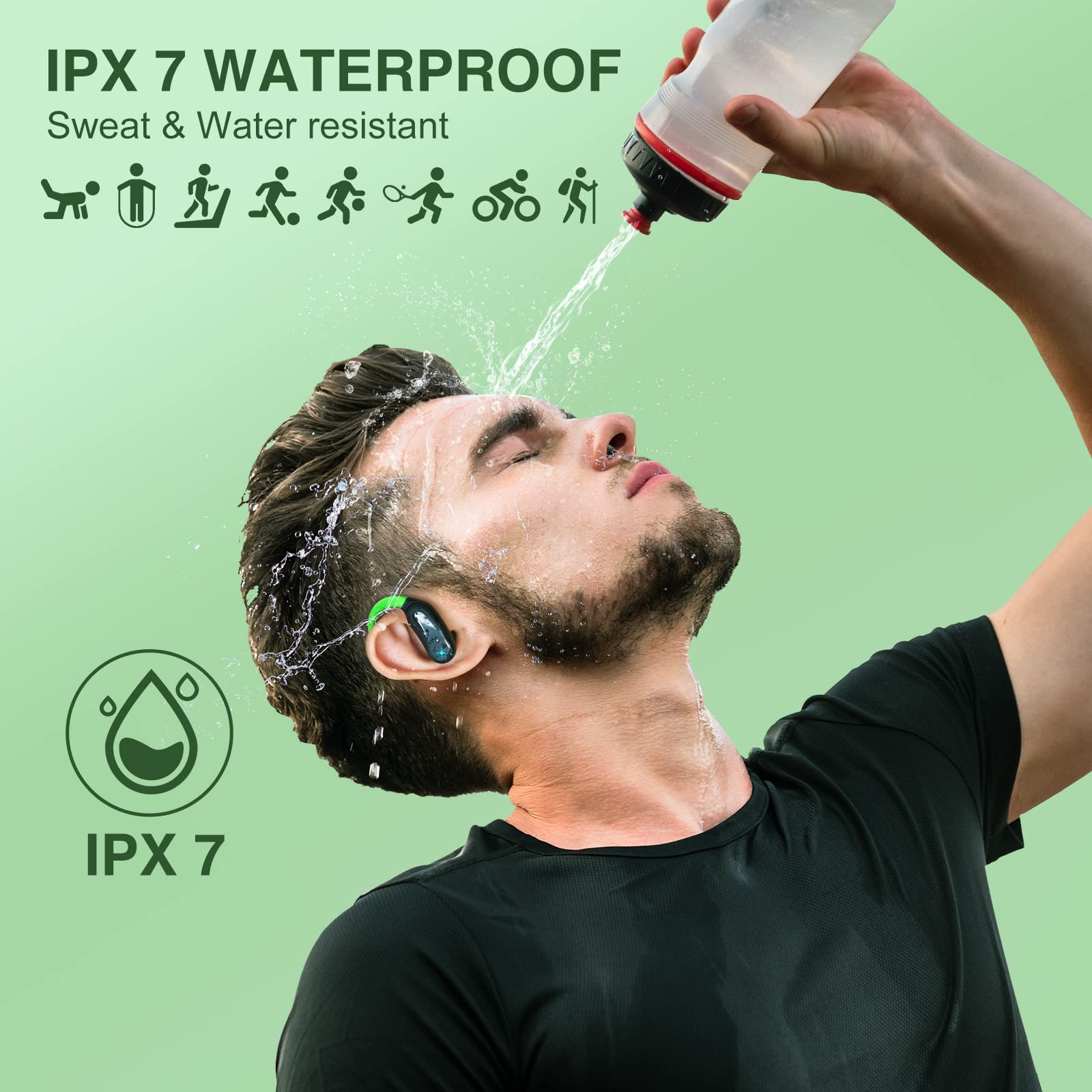 Wireless Bluetooth Earbuds Headphones 9Hrs Single Playtime IPX7 Waterproof in-Ear Earphones with Earhooks,Sweat Resistant Ear buds with microphone Hi-Fi Stereo for Sports/Workout/Gym (Green)