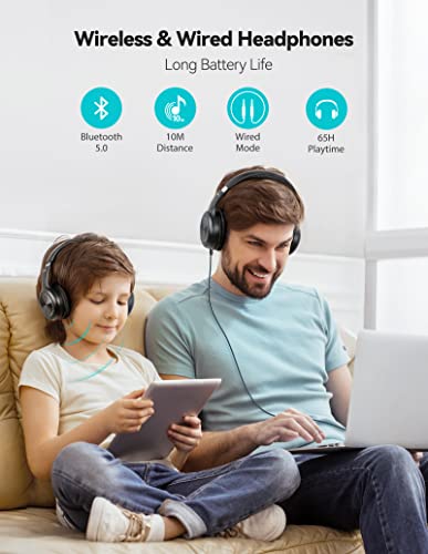 TECKNET Wireless Bluetooth Headphones Over Ear, 65H Playtime Foldable cordless headphones with Soft Ear Cups,Built-in Mic, Deep Bass Hi-Fi Stereo Lightweight Earphones for PC, Cell Phone, Laptop-Black