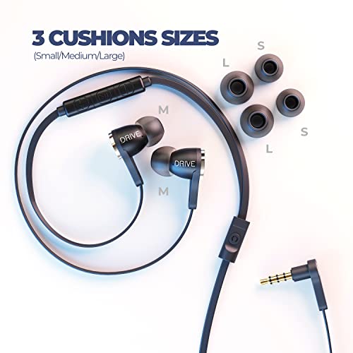 MuveAcoustics Drive Noise Cancelling Headphones Wired Earbuds with Microphone, Best for Computer Gaming Android Phones Corded Earphones with mic, Airplane Travel Case Ear Buds Plug in 3.5mm cord
