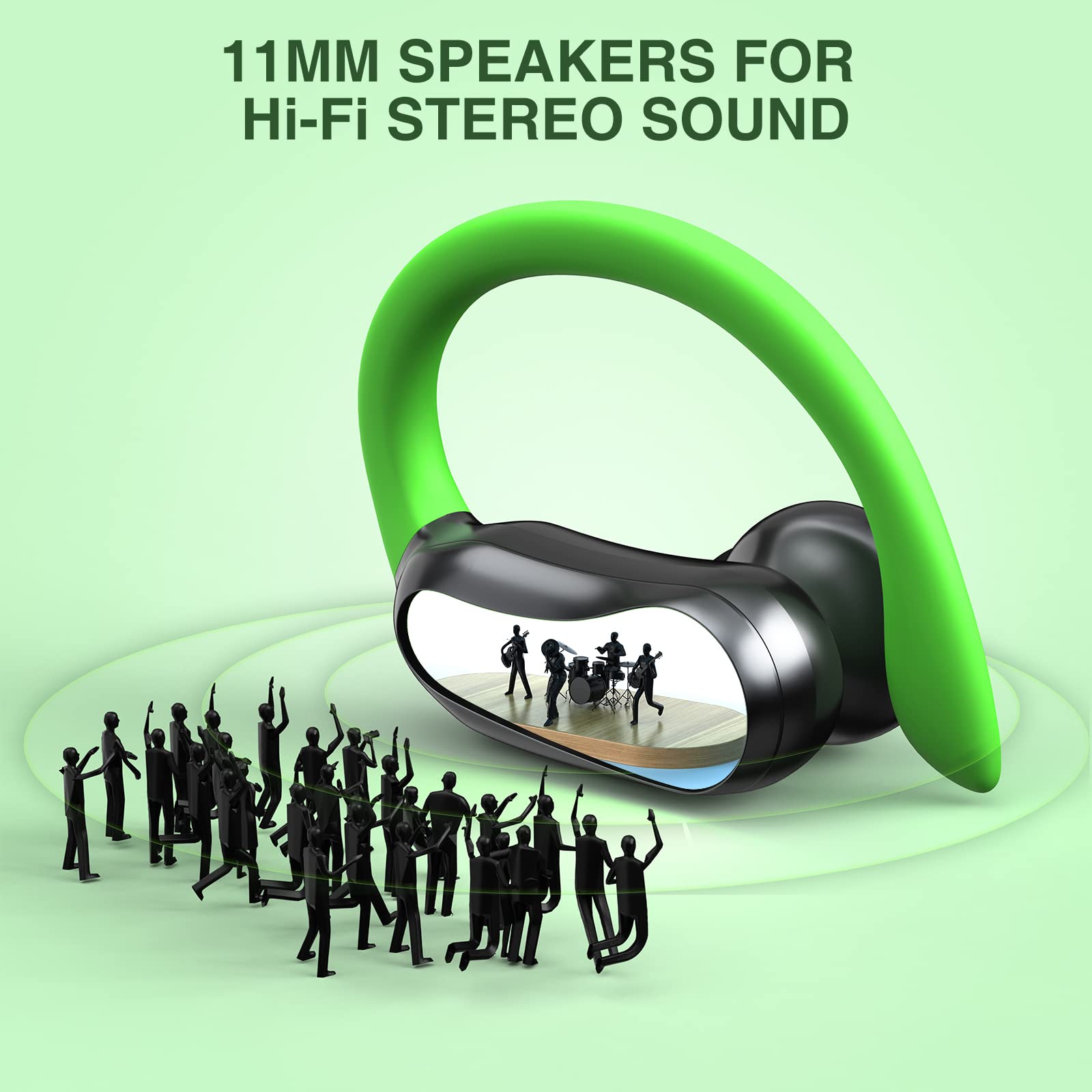 Wireless Bluetooth Earbuds Headphones 9Hrs Single Playtime IPX7 Waterproof in-Ear Earphones with Earhooks,Sweat Resistant Ear buds with microphone Hi-Fi Stereo for Sports/Workout/Gym (Green)