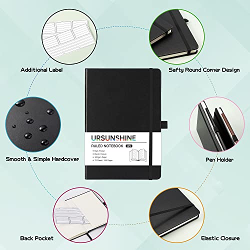URSUNSHINE Ruled Notebook/Journal - Classic Lined Journal/Notebook, 5.7" x 8.4", Hardcover with Thick Paper, Banded + Pen Holder +Inner Pocket - Black