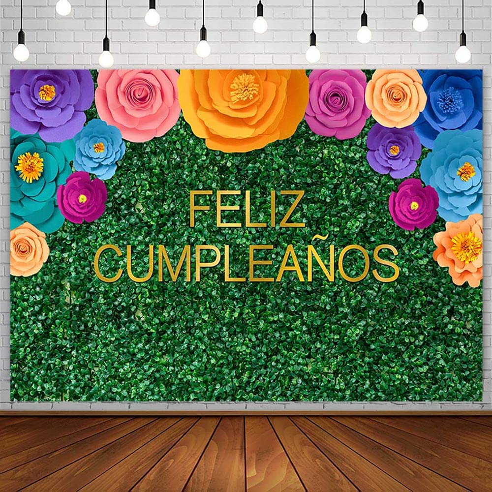AIBIIN 7x5ft Feliz Cumpleaños Backdrop Mexican Fiesta Encanto Happy Birthday Party Photography Background Greenery Floral Green Leaves Mexico Cinco De Mayo Carnival Bday Cake Table Decoration Banner