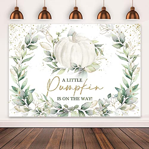 Mocsicka Greenery Gold Pumpkin Baby Shower Backdrop White Pumpkin Baby Shower Background Autumn Fall Baby Shower Party Decorations Banner Photo Studio Props (7x5ft)