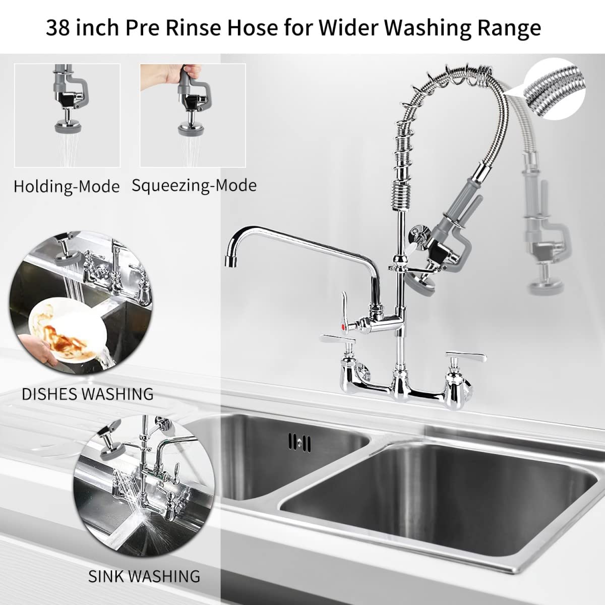 KANONEY Pre Rinse Hose with Spray Valve 38" Stainless Steel Flexible Hose Commercial Sink Sprayer Nozzle Head Replacement Kit for Industrial Restaurant Commercial Kitchen Faucet