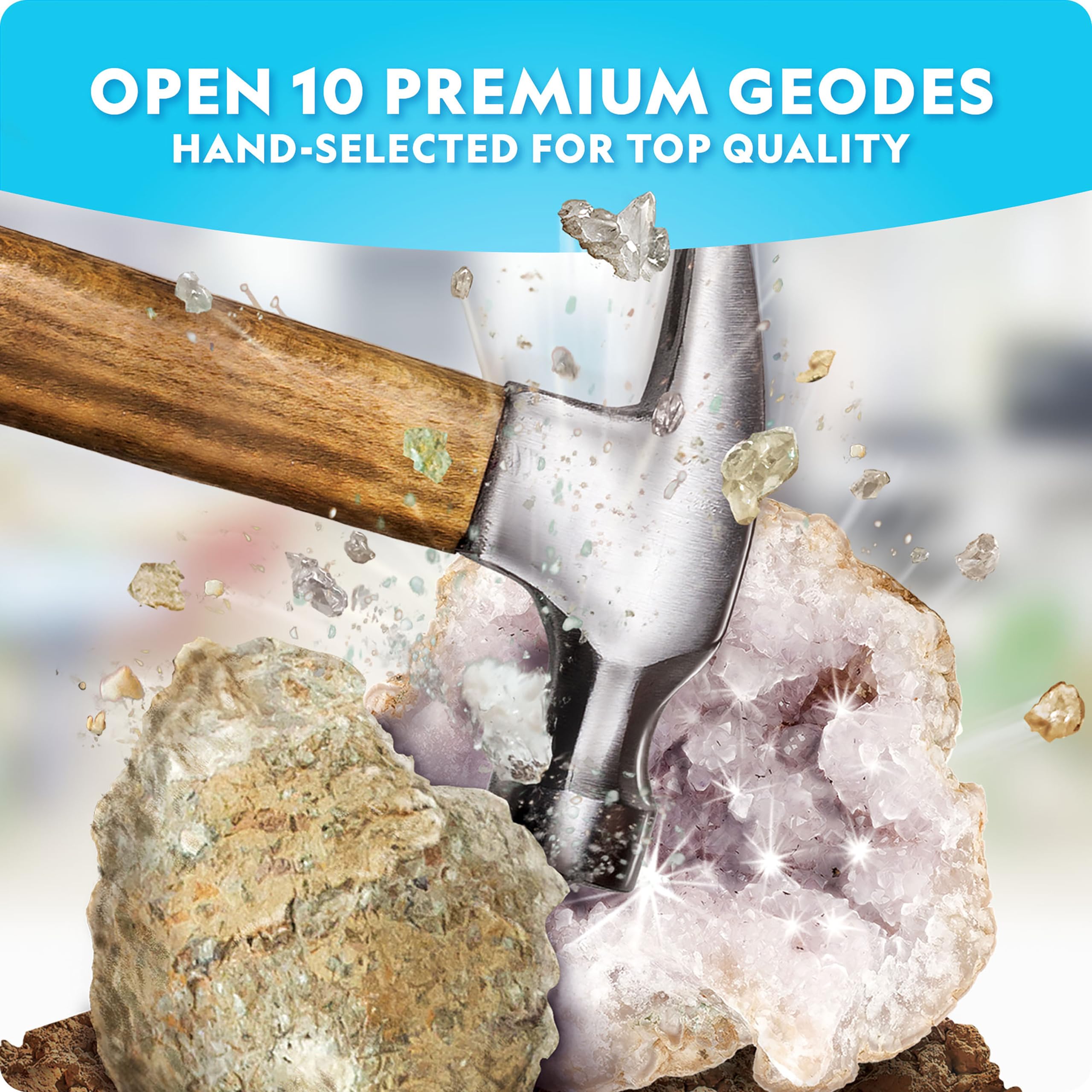 NATIONAL GEOGRAPHIC Break Open 10 Premium Geodes β Includes Goggles, Detailed Learning Guide & 2 Display Stands - Great STEM Science Gift for Mineralogy & Geology Enthusiasts of Any Age