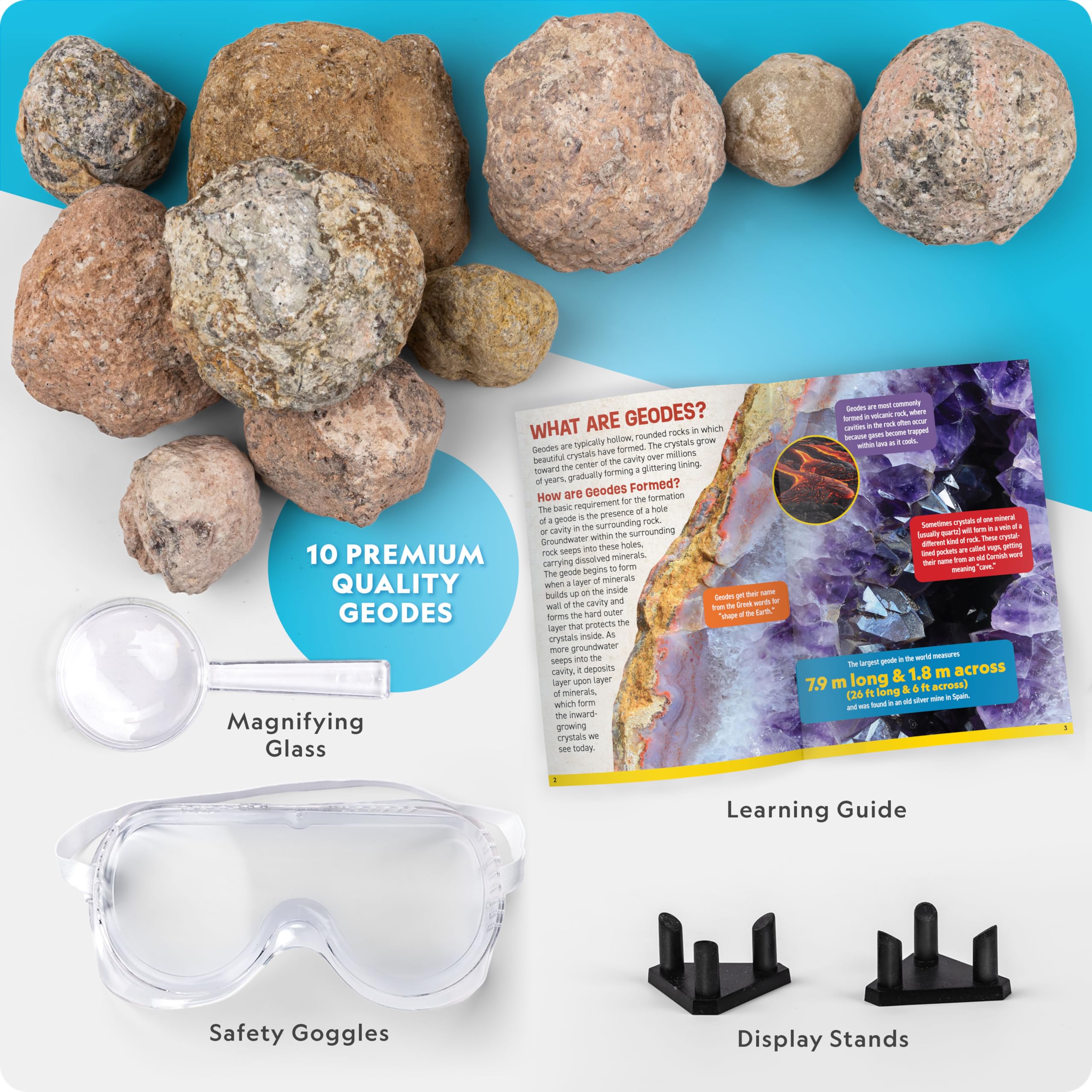 NATIONAL GEOGRAPHIC Break Open 10 Premium Geodes β Includes Goggles, Detailed Learning Guide & 2 Display Stands - Great STEM Science Gift for Mineralogy & Geology Enthusiasts of Any Age