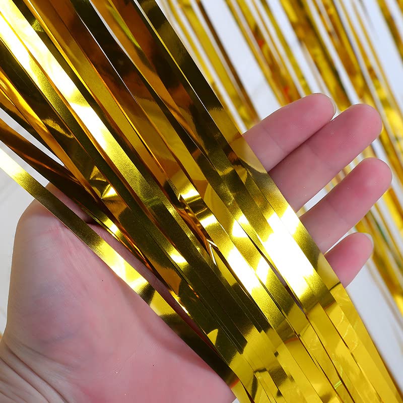 Yilistore 2 Pack Feet Foil Fringe Curtain,Streamer Backdrop,Metallic Tinsel Streamer Curtains for Party Decoration (6.6 * 6.6 Feet, Gold)