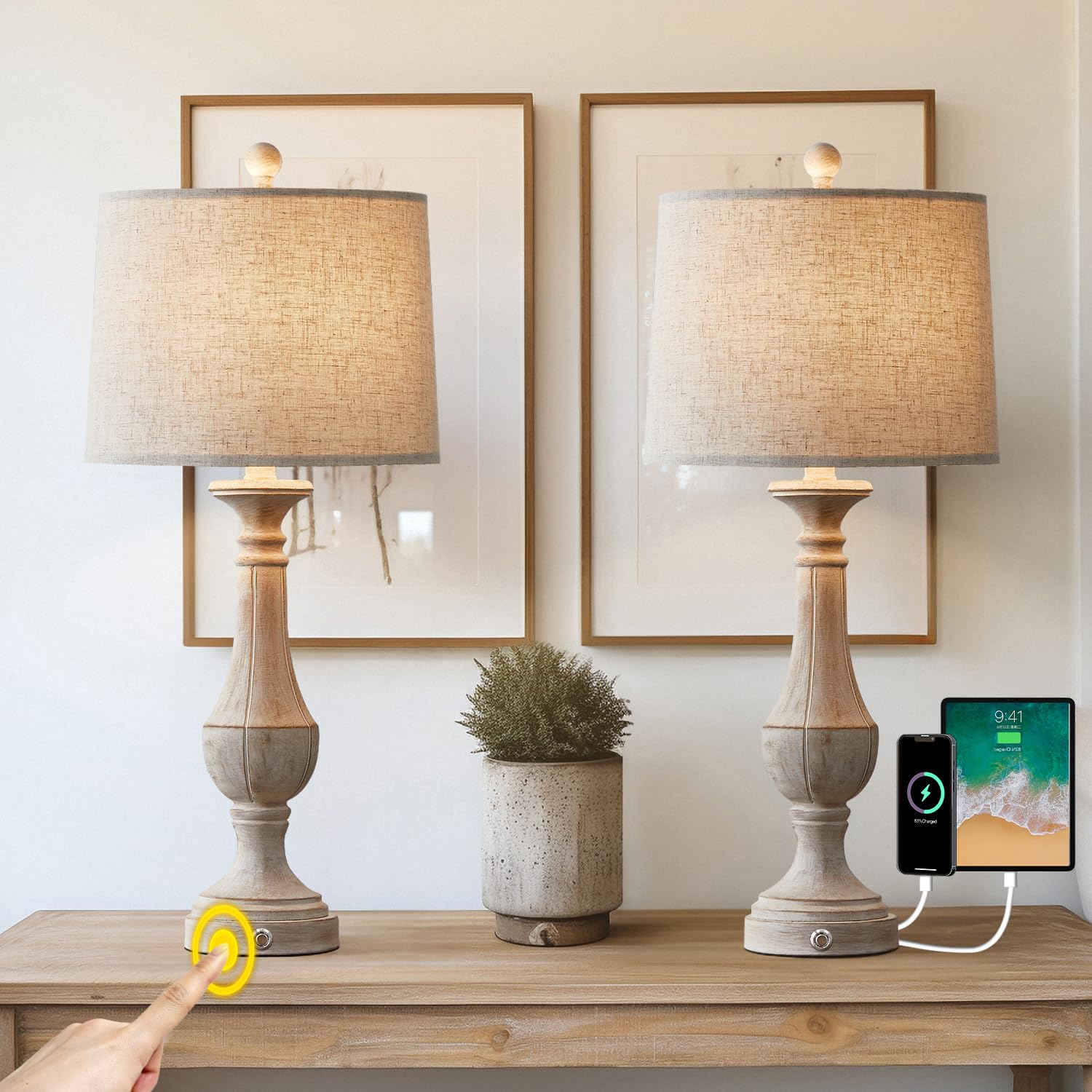 PoKat 27.75" Farmhouse 3 Way Dimmable Touch Table Lamp Sets of 2 Rustic Classic Bedside Nightstand Wood Lamps for Living Room Bedroom with 2 USB Ports Washed White (2 Bulbs Included)