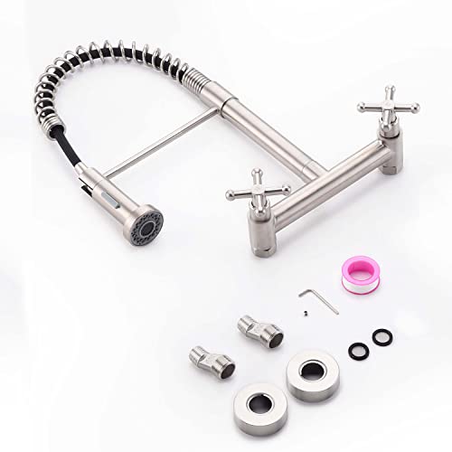 Wall Mount Kitchen Sink Faucet with Pull Out Sprayer Tow Function Commercial Spring Faucet 2 Industrial Handle High Arc Center Faucet, Brushed Finish