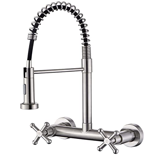 Wall Mount Kitchen Sink Faucet with Pull Out Sprayer Tow Function Commercial Spring Faucet 2 Industrial Handle High Arc Center Faucet, Brushed Finish