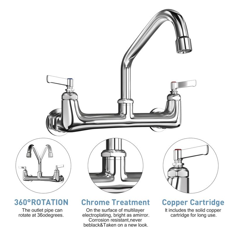 CWM Wall Mount Commercial Sink Faucet 8 Inches Commercial Faucet with 14 Inches Spout
