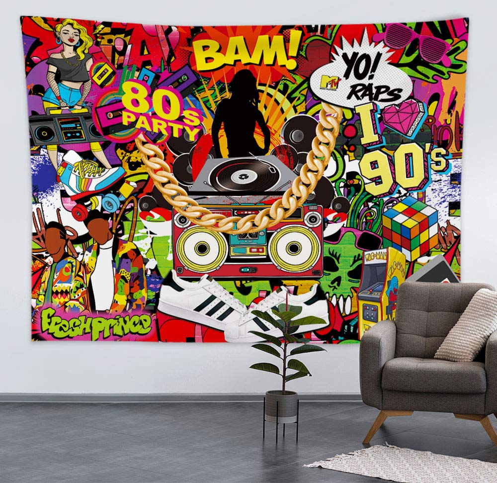 Maijoeyy 7x5ft 80's 90's Backdrop Hip Hop Backdrops for Photography Graffiti Wall I Love The 80S 90S Backdrop for Party Dj Gold Chain 80s 90s Party Decorations 90s backdrops for Photoshoot