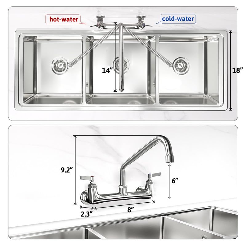 CWM Wall Mount Commercial Sink Faucet 8 Inches Commercial Faucet with 14 Inches Spout