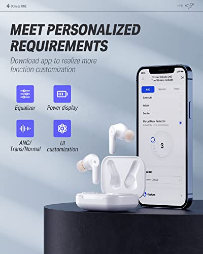 Donner Noise Cancelling Wireless Earbuds, Bluetooth 5.2 Earphones with 5 x EarTips, 4 Mic Clear Calls, 12mm Drivers, App for Custom EQ, 32H Playtime, Fast Charging, Transparency - Dobuds ONE,White