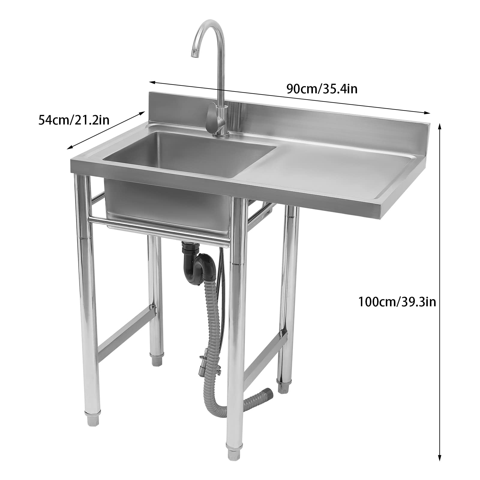 Single Bowl Kitchen Sinks, Commercial Restaurant Sink Prep Table with Faucet, 35.4" W x 21.2" D x 39.3" H Stainless Steel 1 Compartment Sink With Adjustment Feet For Restaurant, Laundry Room