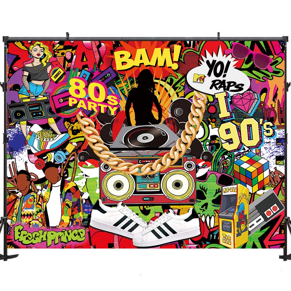 Maijoeyy 7x5ft 80's 90's Backdrop Hip Hop Backdrops for Photography Graffiti Wall I Love The 80S 90S Backdrop for Party Dj Gold Chain 80s 90s Party Decorations 90s backdrops for Photoshoot