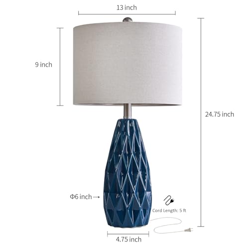 G-SAFAVA Modern Ceramic Table lamp Set of 2, Blue Embossed Geometric Pattern Bedside lamp Tall Nightstand Lamp End Table Lamps for Living Room Bedroom