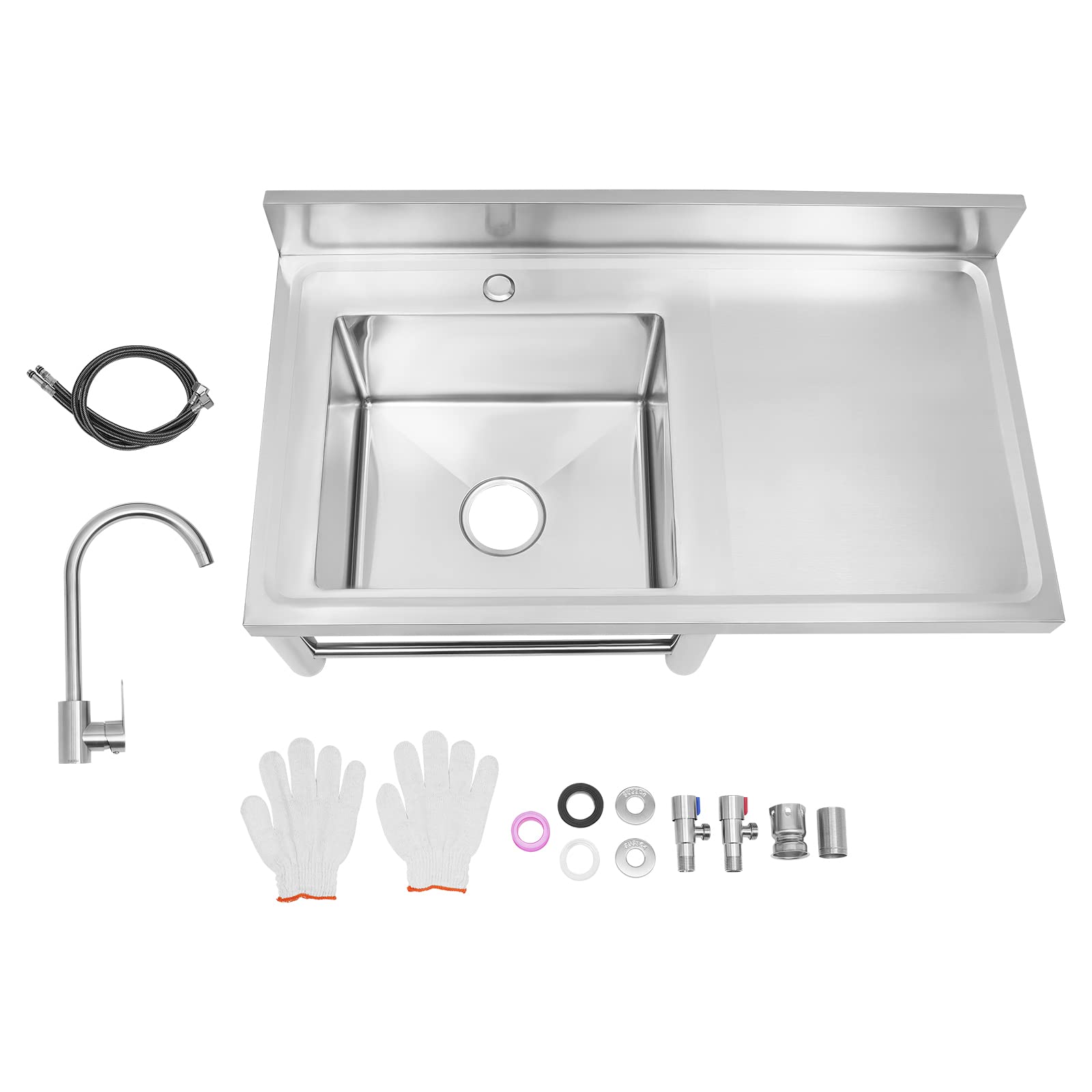 Single Bowl Kitchen Sinks, Commercial Restaurant Sink Prep Table with Faucet, 35.4" W x 21.2" D x 39.3" H Stainless Steel 1 Compartment Sink With Adjustment Feet For Restaurant, Laundry Room