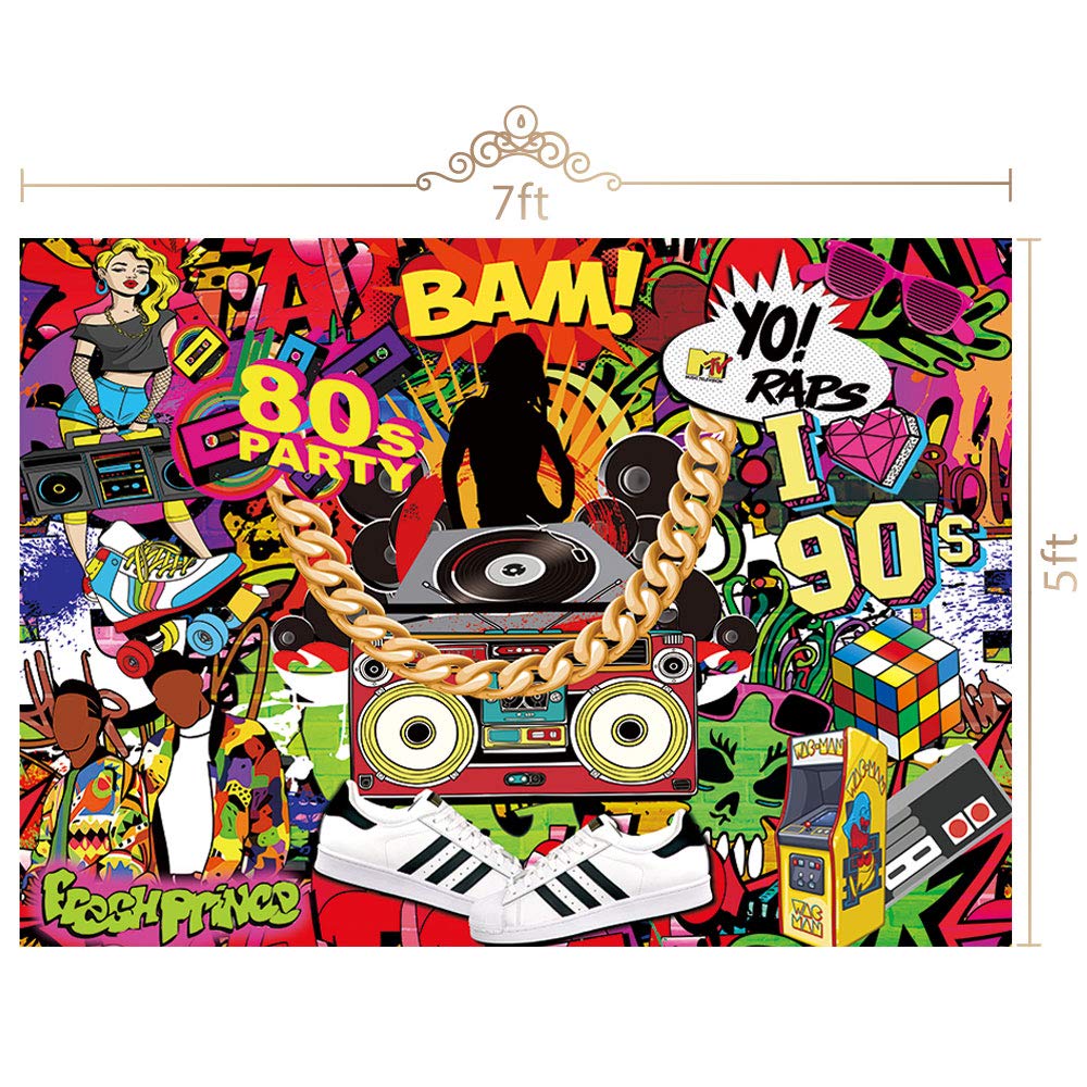 Maijoeyy 7x5ft 80's 90's Backdrop Hip Hop Backdrops for Photography Graffiti Wall I Love The 80S 90S Backdrop for Party Dj Gold Chain 80s 90s Party Decorations 90s backdrops for Photoshoot