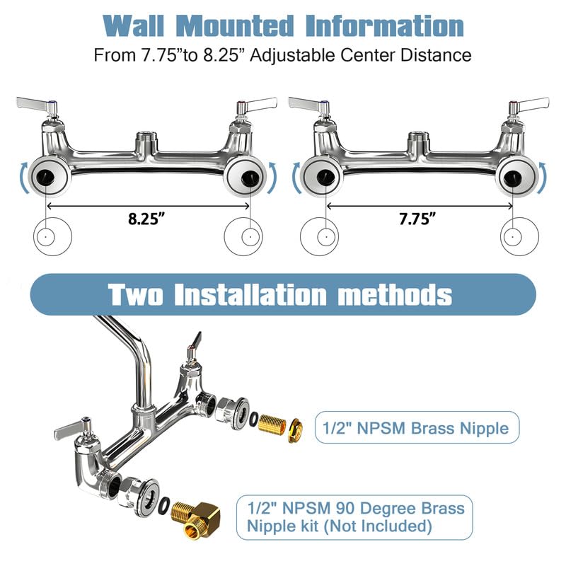 CWM Wall Mount Commercial Sink Faucet 8 Inches Commercial Faucet with 14 Inches Spout