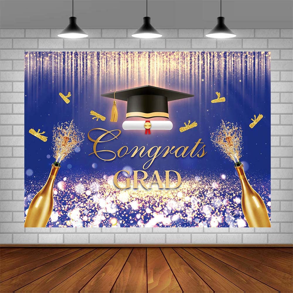 AIBIIN 7x5ft Congrats Grad Backdrop Blue Gold Glitter Graduation Party Decorations Class of 2023 Congratulate Graduation Prom Party Banner Photo Booth Props