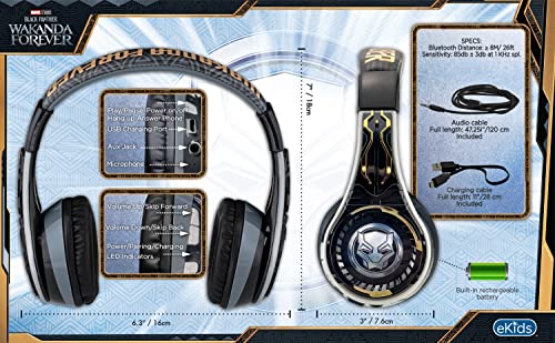 eKids Black Panther Wakanda Forever Bluetooth Headphones, Wireless Headphones with Microphone Includes Aux Cord, Volume Reduced Kids Foldable Headphones for School, Home, or Travel