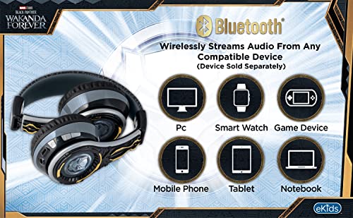 eKids Black Panther Wakanda Forever Bluetooth Headphones, Wireless Headphones with Microphone Includes Aux Cord, Volume Reduced Kids Foldable Headphones for School, Home, or Travel