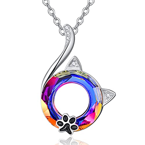 Dreamboat Sterling Silver Cat Necklace for Women Crystal Necklace Cute Animal Necklace Kitten Necklace Cat Pendant Red Paw Print Necklace Cat Jewelry Gifts