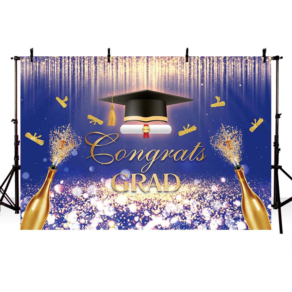 AIBIIN 7x5ft Congrats Grad Backdrop Blue Gold Glitter Graduation Party Decorations Class of 2023 Congratulate Graduation Prom Party Banner Photo Booth Props