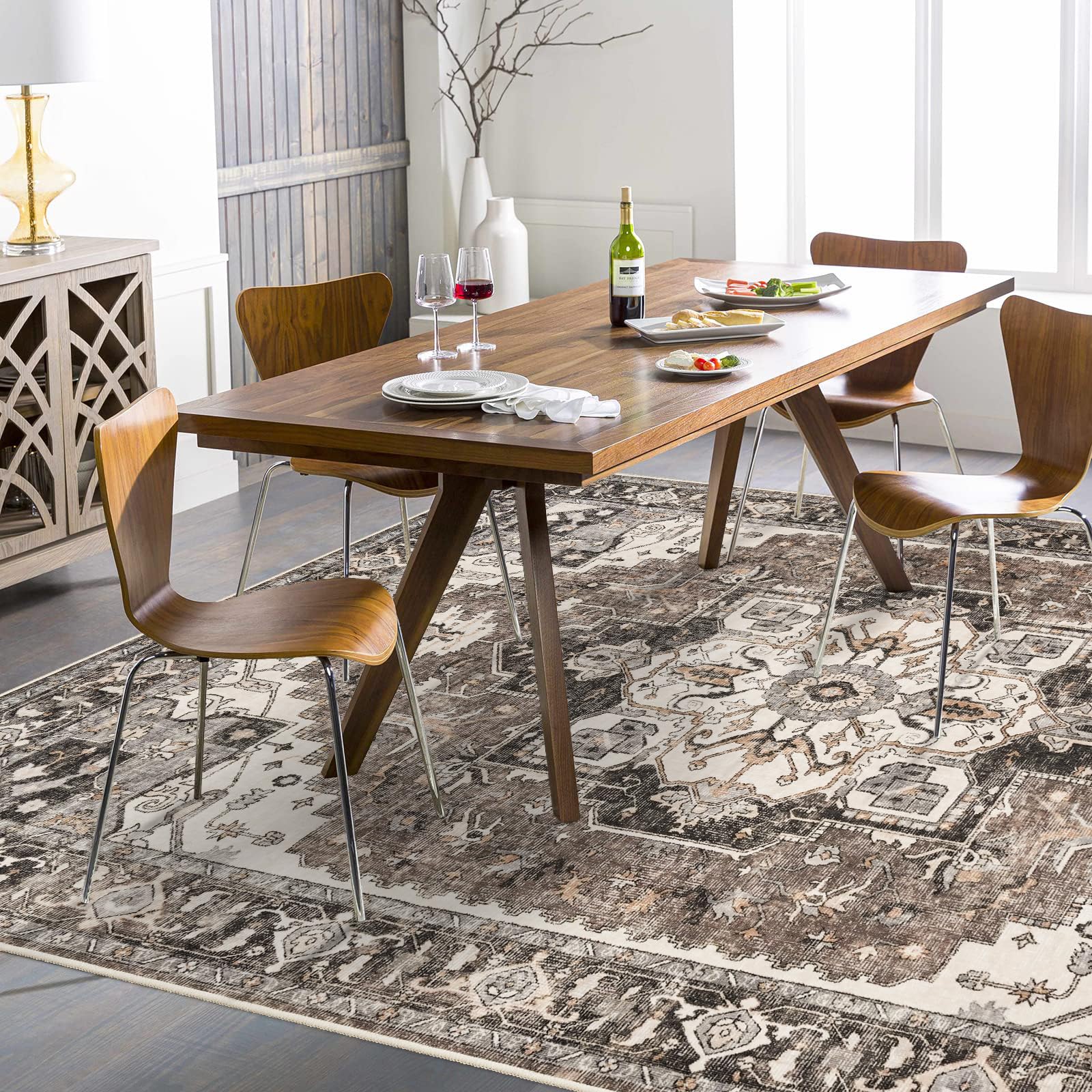 Washable Living Room Runner Rug - 8x10 Large Bedroom Rug Distressed Oriental Non-Slip Non-Shedding Print Floor Carpet for Dining Room Kitchen (Beige, 8 x 10)