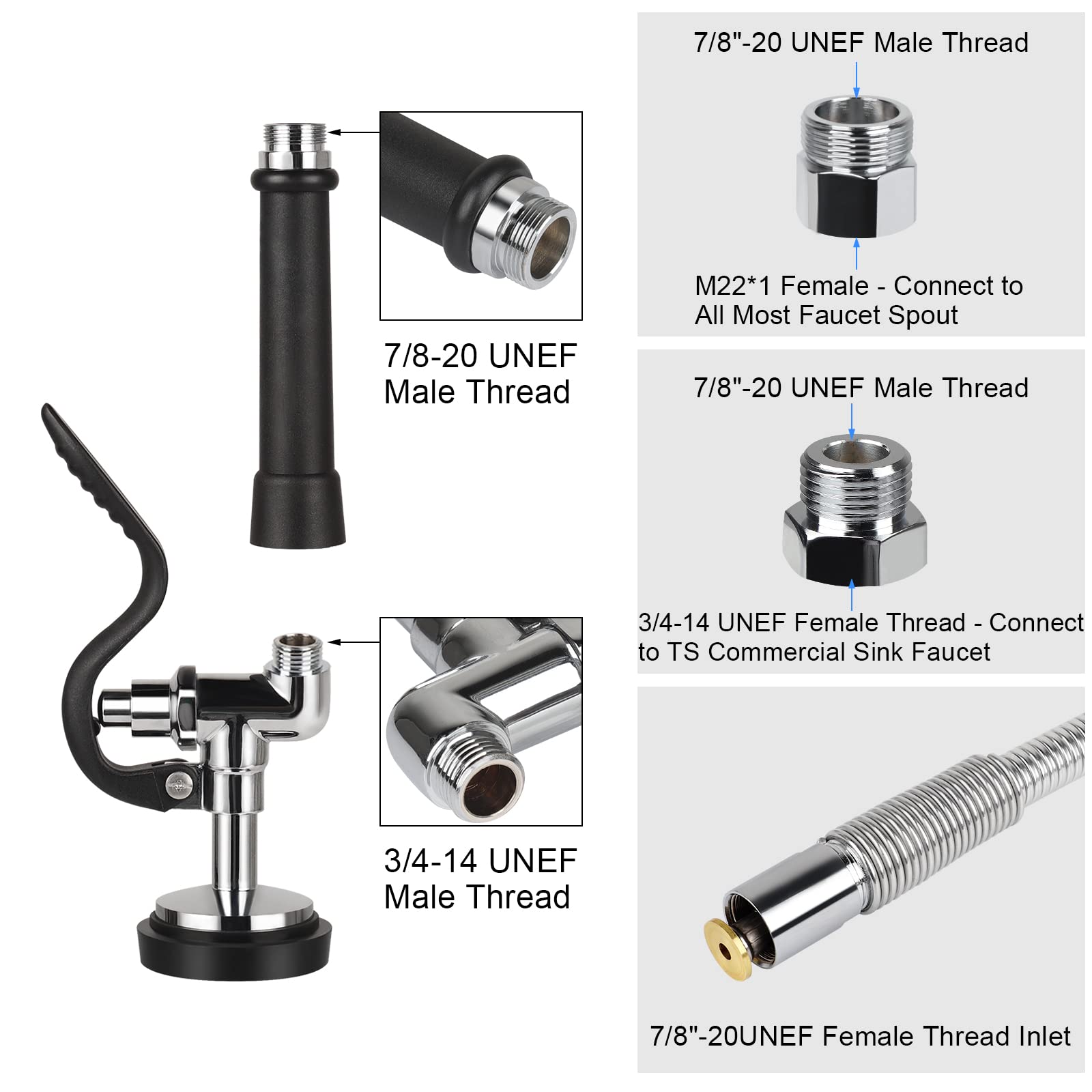 Pre Rinse Spray Valve with Hose KANONEY 45" Flexible Stainless Steel Hose Commercial Sink Dish Sprayer Nozzle Head Replacement Kit for Industrial Restaurant Kitchen Faucets, Black