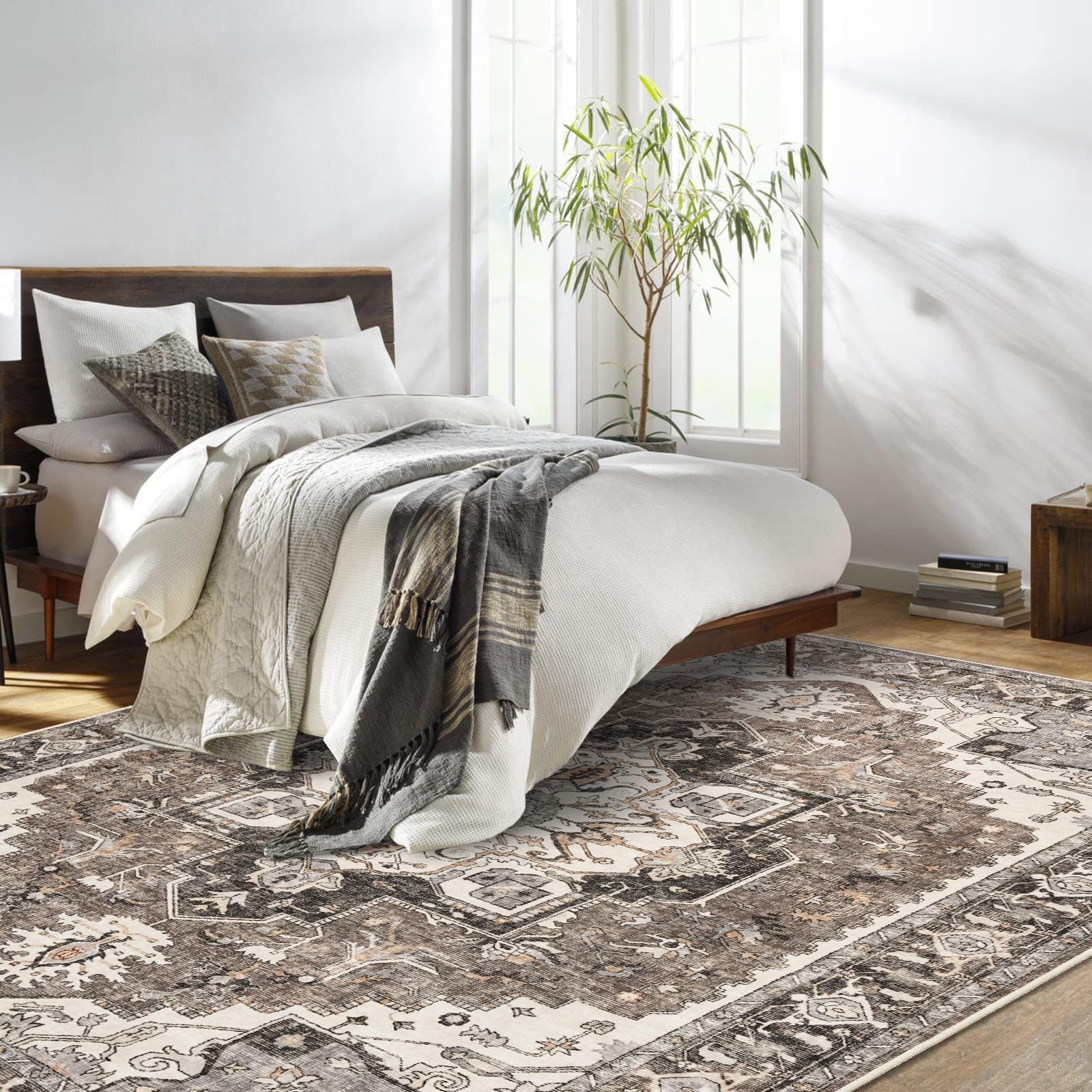 Washable Living Room Runner Rug - 8x10 Large Bedroom Rug Distressed Oriental Non-Slip Non-Shedding Print Floor Carpet for Dining Room Kitchen (Beige, 8 x 10)