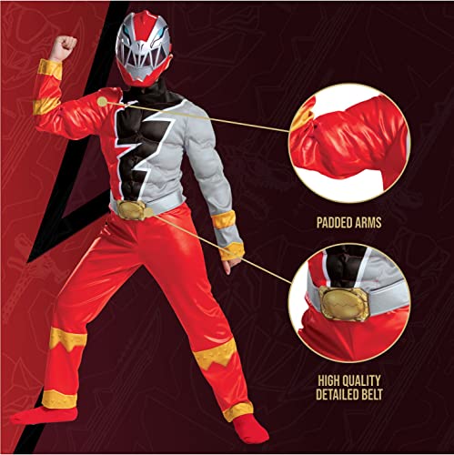 Red Ranger Muscle Costume for Kids, Official Power Rangers Dino Fury Outfit with Mask, Child Size Small (4-6)