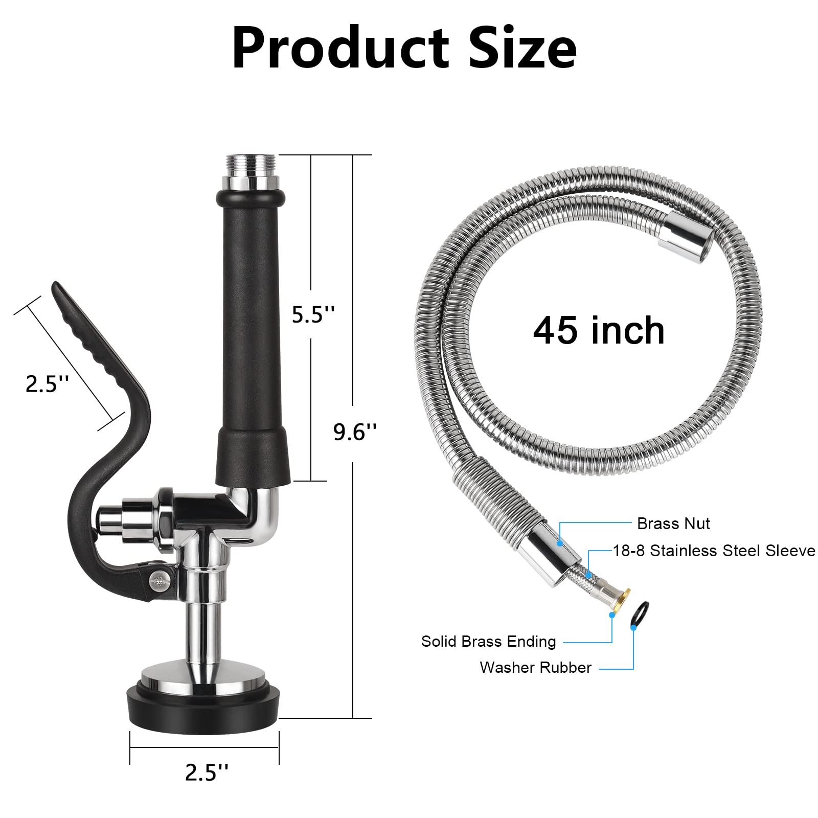 Pre Rinse Spray Valve with Hose KANONEY 45" Flexible Stainless Steel Hose Commercial Sink Dish Sprayer Nozzle Head Replacement Kit for Industrial Restaurant Kitchen Faucets, Black