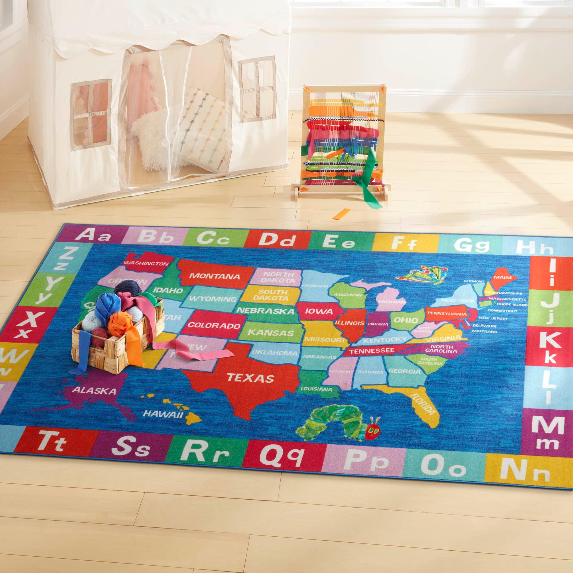 Eric Carle Elementary USA Map Kids Machine Washable Area Rug Blue/Red, 35"x51"
