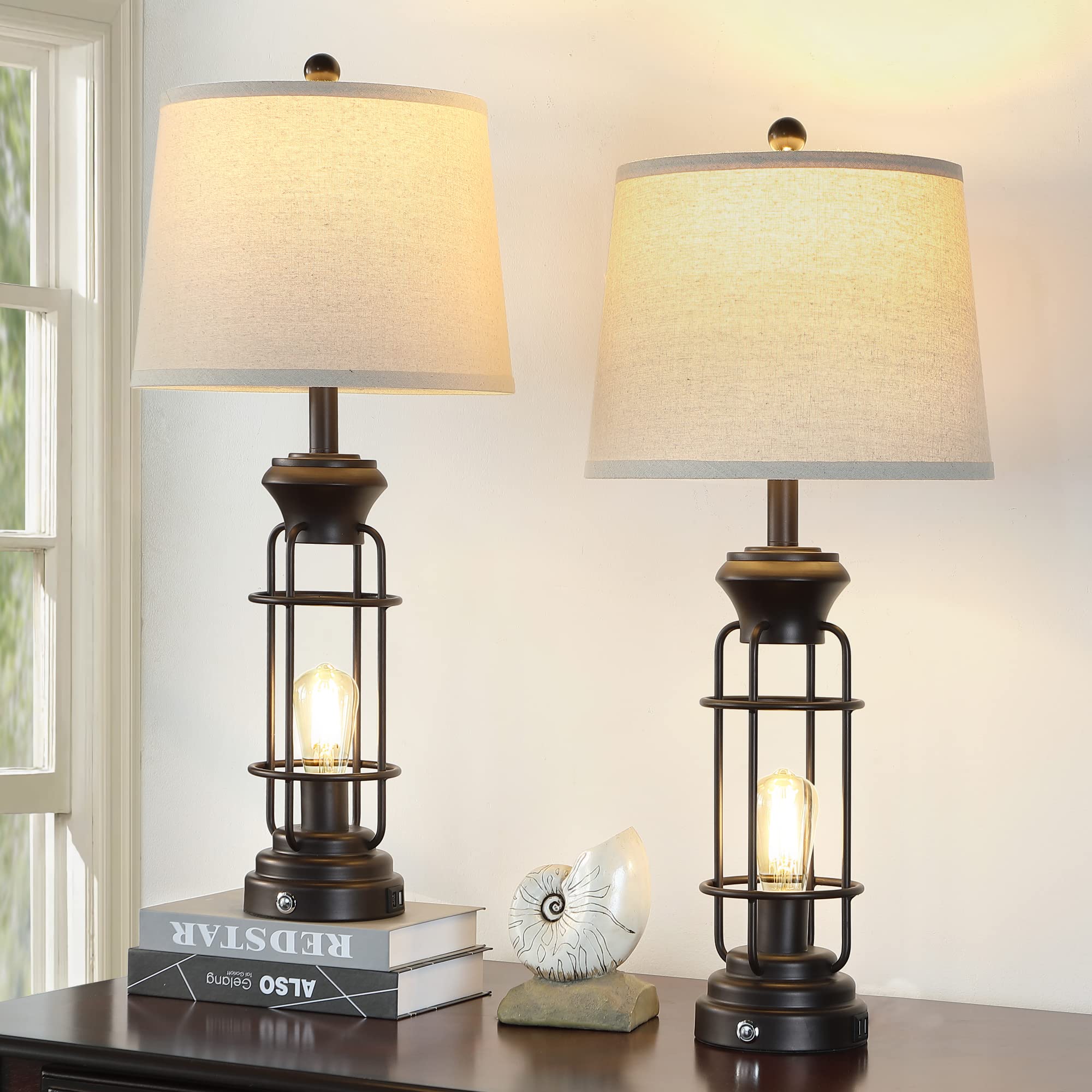 Table Lamp for Living Roon Set of 2, 29.3" Tall Farmhouse Table Lamp with 2 Nightlight Bulbs, Oil Rubbed Bronze Bedside Lamp with White Oatmeal Lampshade for Living Room Bedroom, Bulbs Included