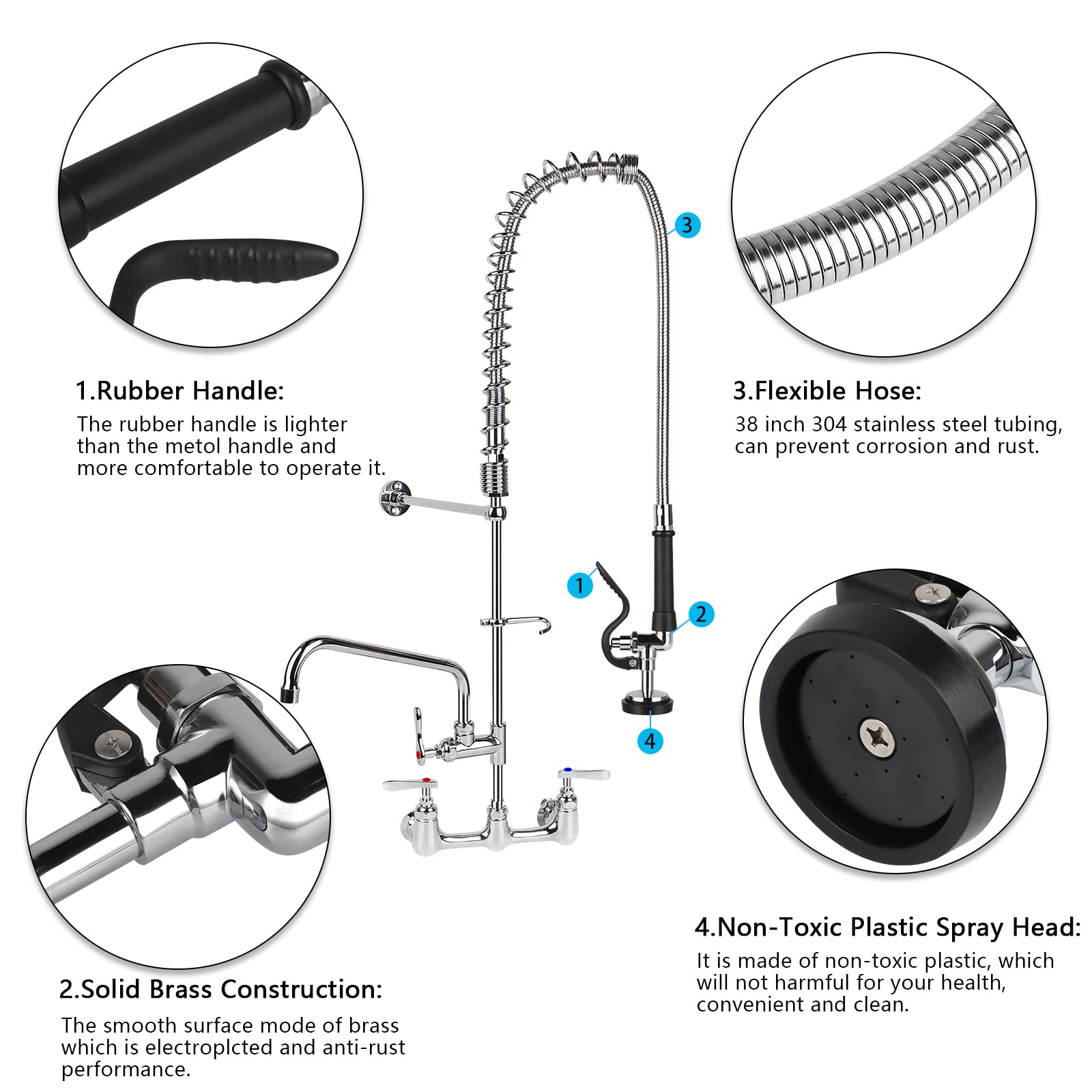 Pre Rinse Spray Valve with Hose KANONEY 45" Flexible Stainless Steel Hose Commercial Sink Dish Sprayer Nozzle Head Replacement Kit for Industrial Restaurant Kitchen Faucets, Black