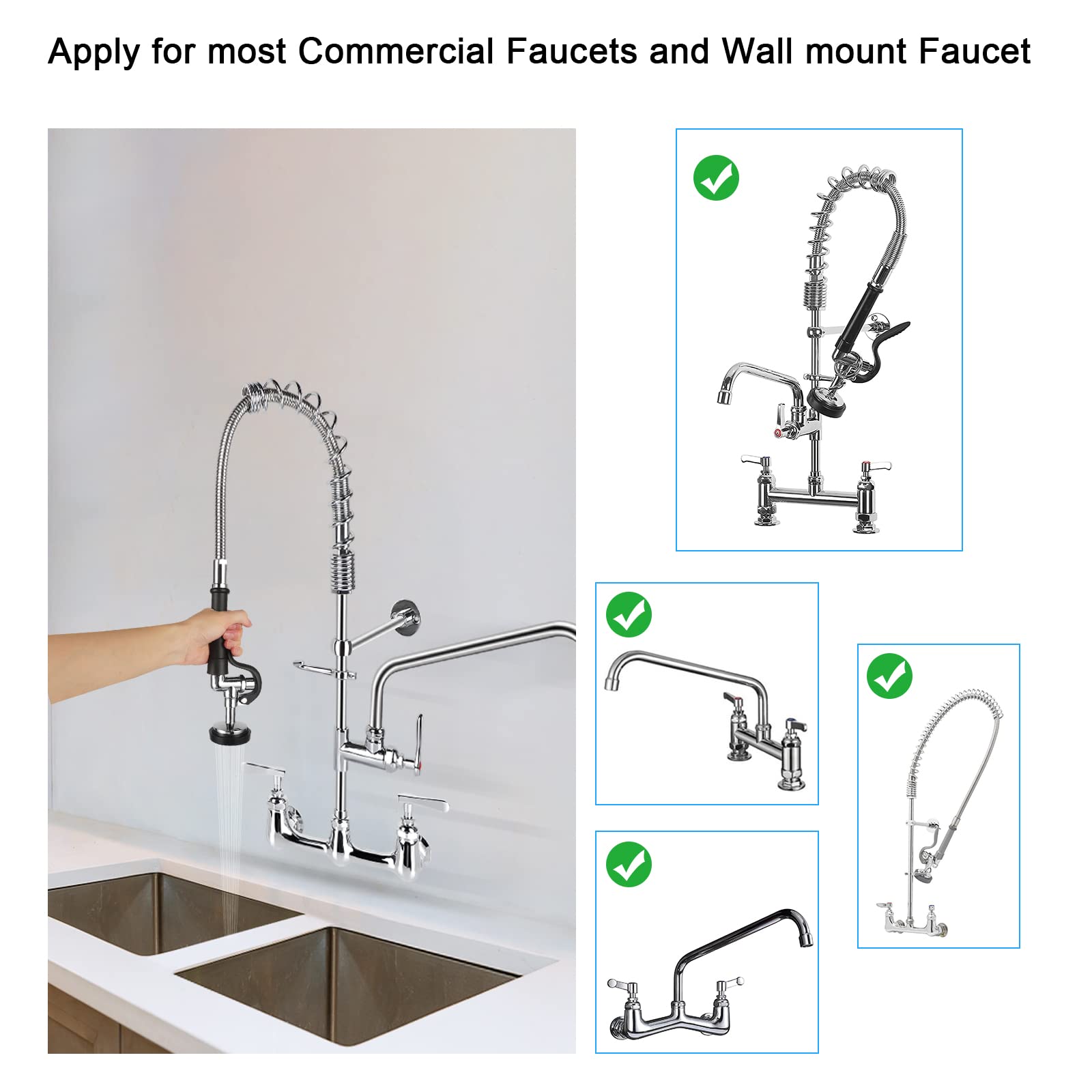Pre Rinse Spray Valve with Hose KANONEY 45" Flexible Stainless Steel Hose Commercial Sink Dish Sprayer Nozzle Head Replacement Kit for Industrial Restaurant Kitchen Faucets, Black