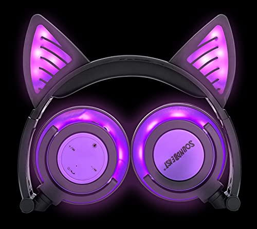 SoundBeast Bluetooth Cat Ear Headphones with Glowing Purple Lights - Wireless Headphones for Kids & Adults