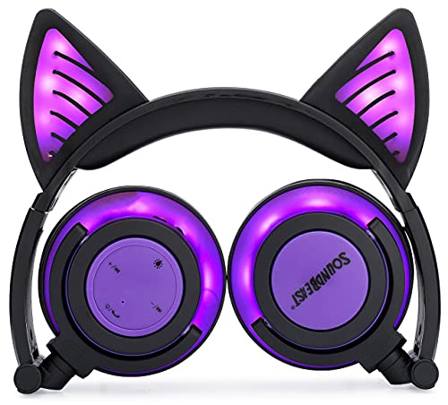 SoundBeast Bluetooth Cat Ear Headphones with Glowing Purple Lights - Wireless Headphones for Kids & Adults