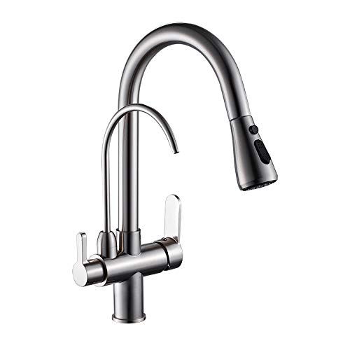 Kitchen Sink Faucet for Bar Farmhouse Commercial, Deck Mounted Black Kitchen Faucets, Pull Out Hot Cold Water Filter Tap for Kitchen, Three Ways Sink Mixer Kitchen Faucet (Color : Pull Brush Nickel)