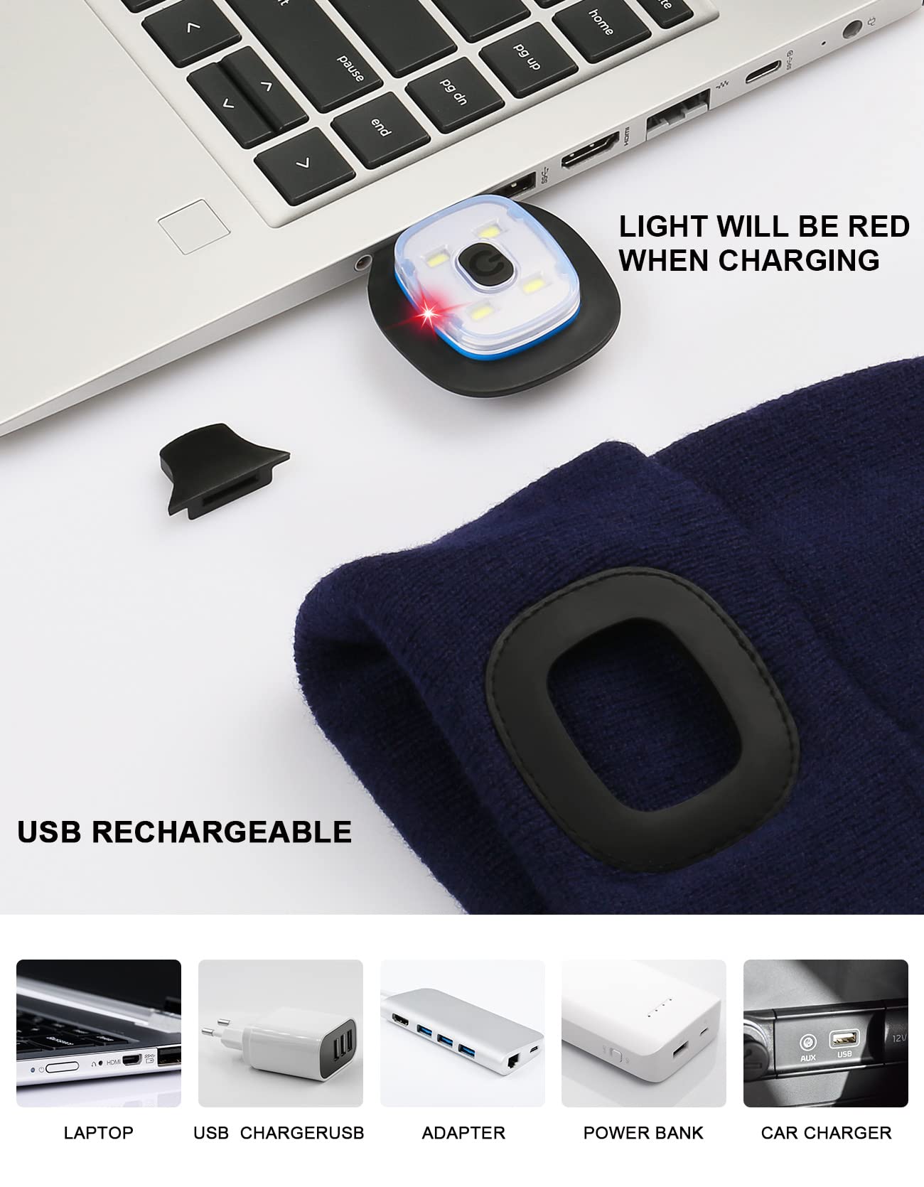 MELASA Unisex Kids LED Beanie, USB Rechargeable Hands Free Headlamp Hat, Night Flashlight Hat, Gifts for Kids Boys Black