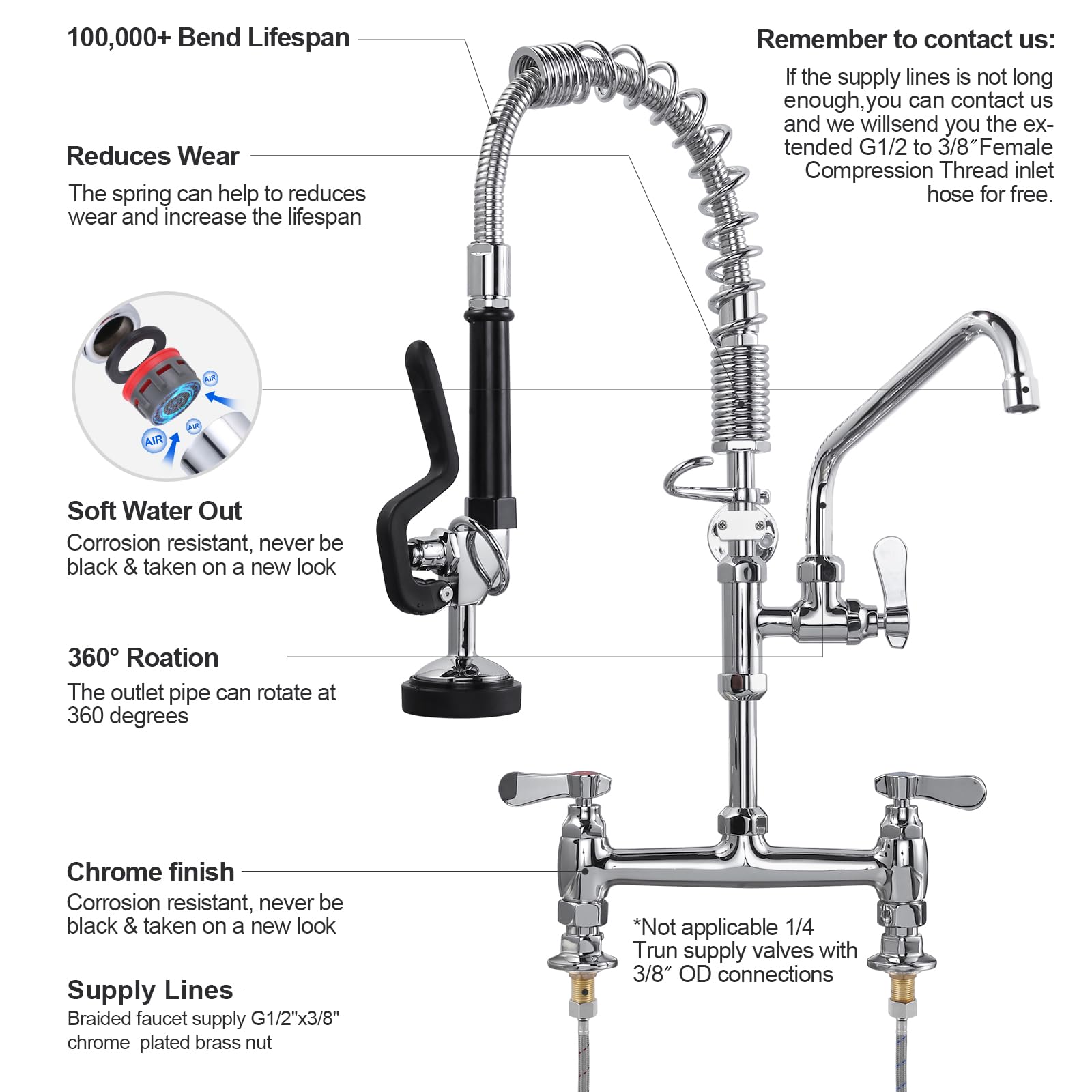 iVIGA Commercial Kitchen Faucet Deck Mount with Pre-Rinse Sprayer 21" Height Kitchen Sink Faucet 8 Inch Center with 10" Add-on Swing Spout Faucet & Coiled Spring Pull Down Spray