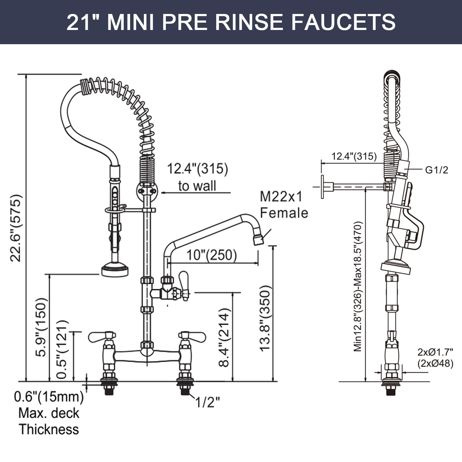 iVIGA Commercial Kitchen Faucet Deck Mount with Pre-Rinse Sprayer 21" Height Kitchen Sink Faucet 8 Inch Center with 10" Add-on Swing Spout Faucet & Coiled Spring Pull Down Spray